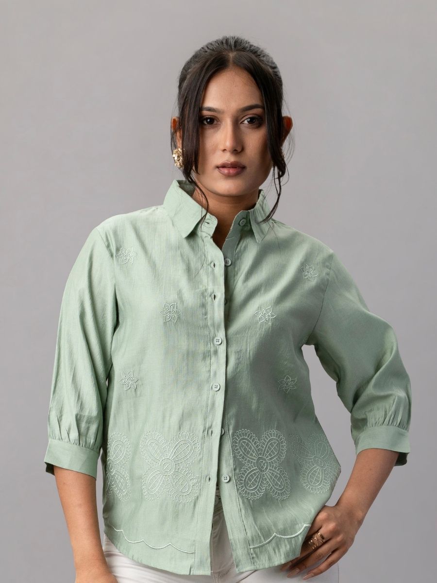 Shop for Women Topwear Online in India | Sage Green Scallop Hem Shirt ...